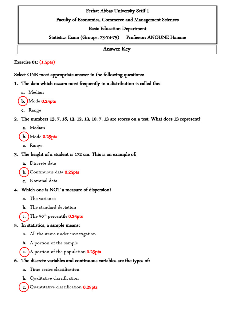 Statistics Exam Answer Key | PDF | Level Of Measurement | Median