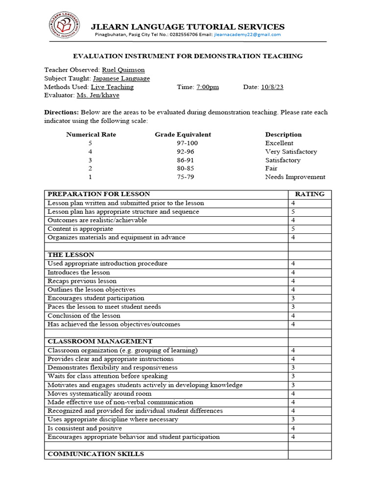 Evaluation Form For Demo Pdf Lesson Plan Classroom Management