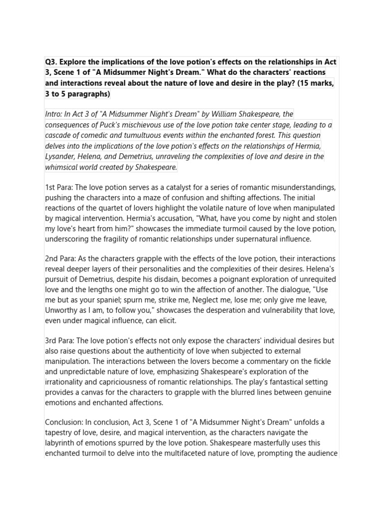 Midsummer Night Dream Act 2 Scene 2 and Act 3 Scene 1 Q Ans | PDF | A ...