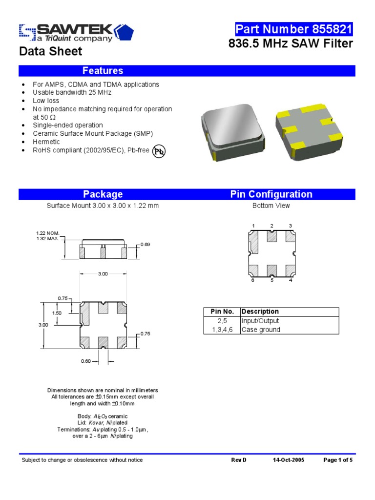 836.5 MHz SAW Filter Data Sheet | PDF | Electronic Filter | Printed ...