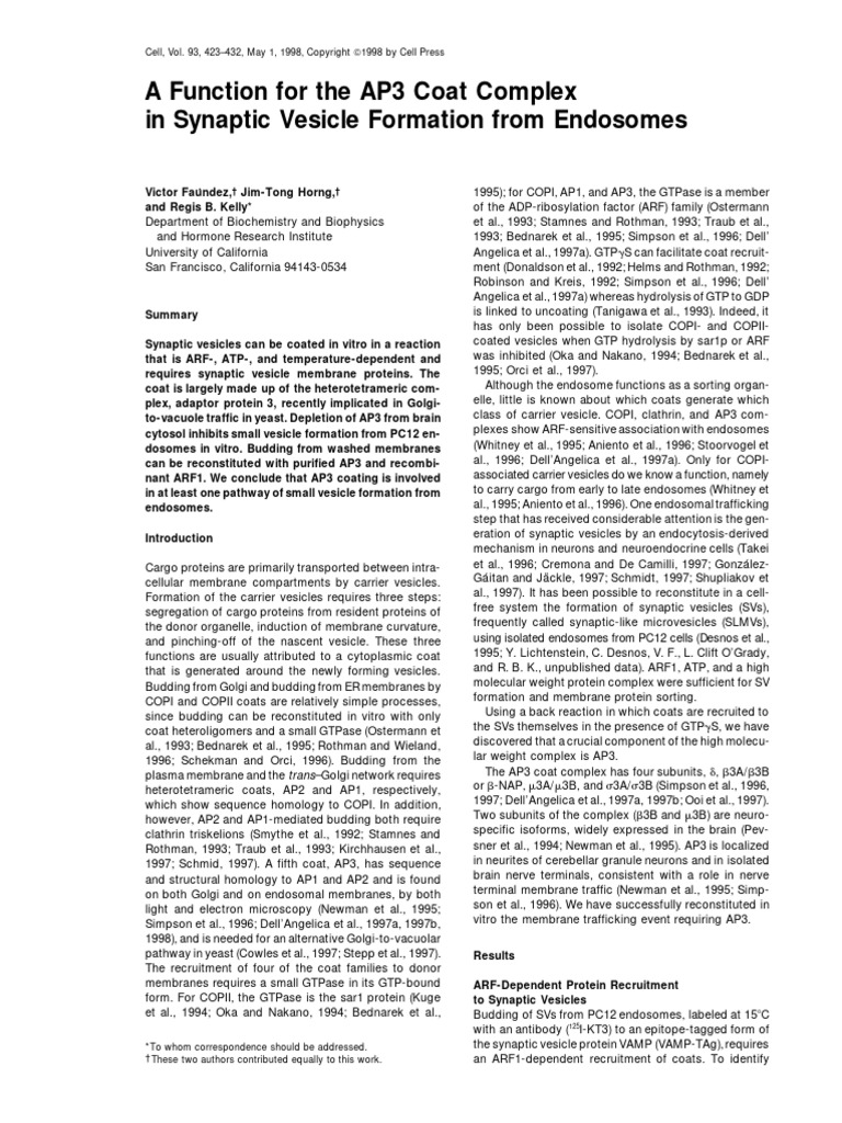 A Function For The AP3 Coat Complex in Synaptic Ve | PDF | Vesicle ...