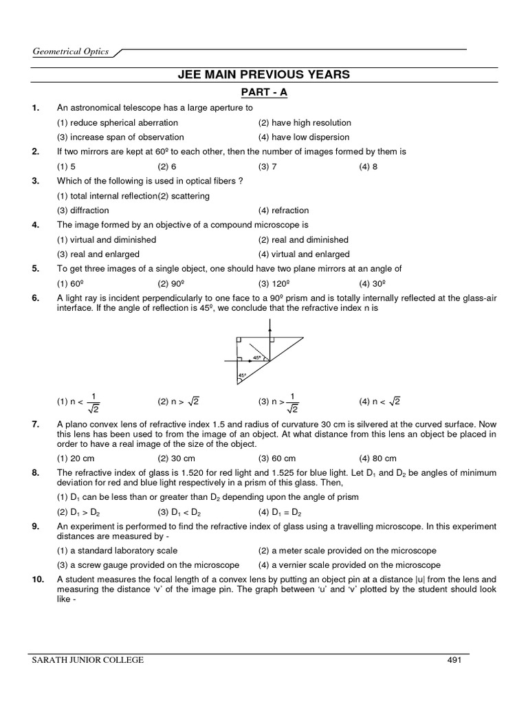 Jee Main Previous Ray Optics Phy Questions | PDF | Optics | Electromagnetic Radiation
