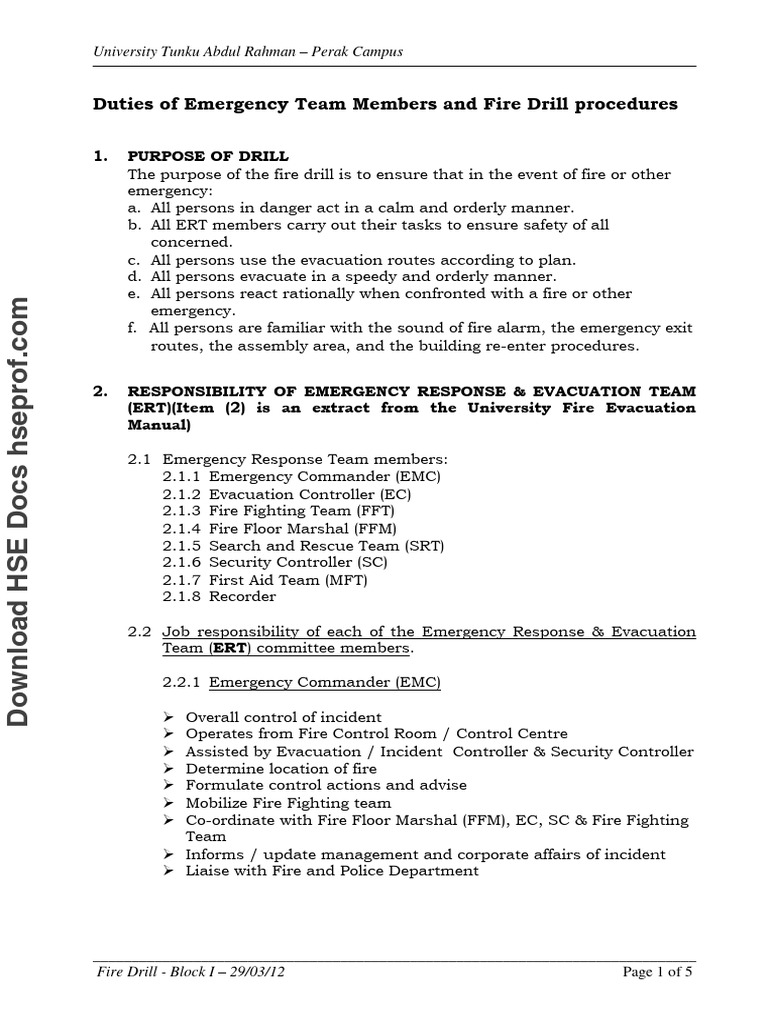 Duties of Emergency Team Members and Fire Drill Procedures | PDF ...