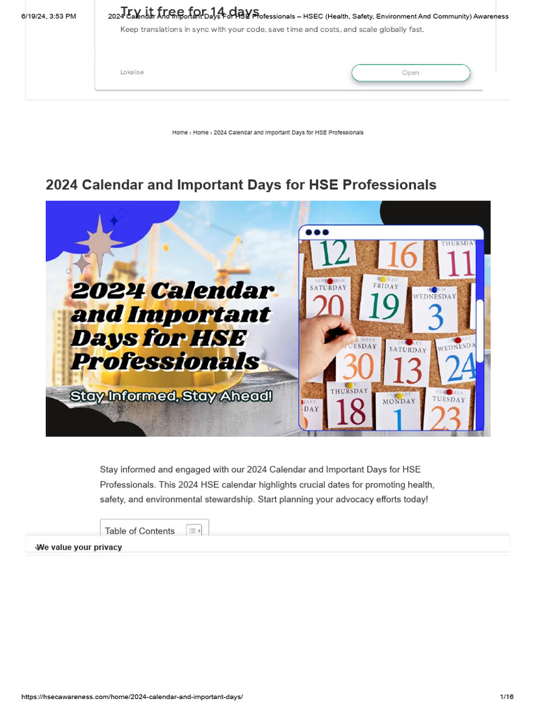 2024 Calendar And Important Days For HSE Professionals – HSEC (Health ...