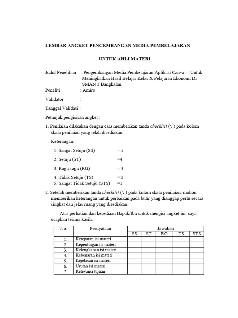 Lembar Angket Pengembangan Media Pembelajaran | PDF | Karier & Perkembangan