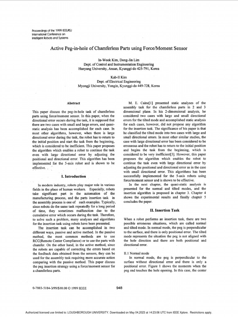 Active Peg-In-Hole of Chamferless Parts Using Force Moment Sensor | PDF | Force | Robot