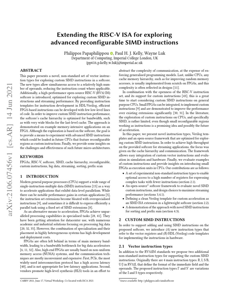 Extending The RISC-V ISA For Exploring Advanced Reconfigurable SIMD Instructions | PDF | Central ...