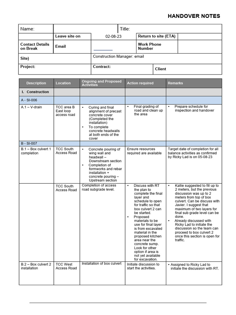 Handover of Responsibilities_Form | PDF | Concrete | Civil Engineering