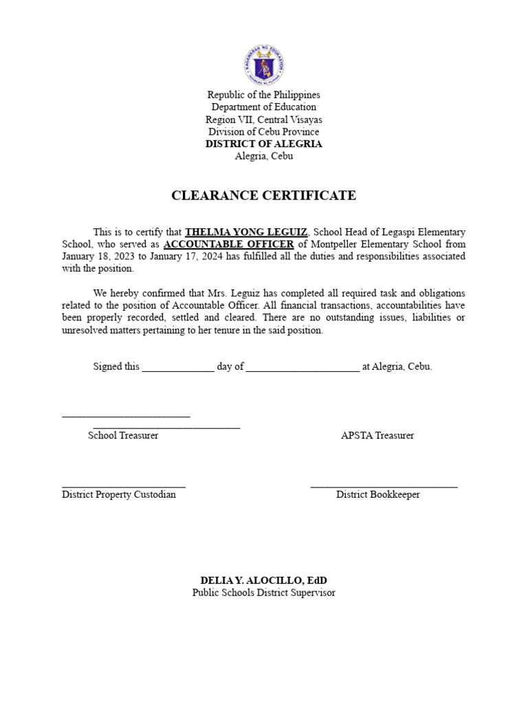 Clearance Certificate for Thelma Leguiz | PDF
