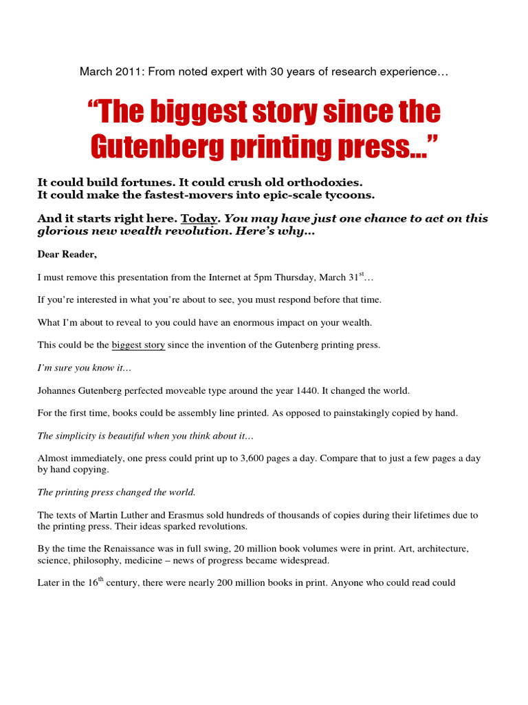 The Biggest Story Since The Gutenberg Printing Press. (Wealth Building ...