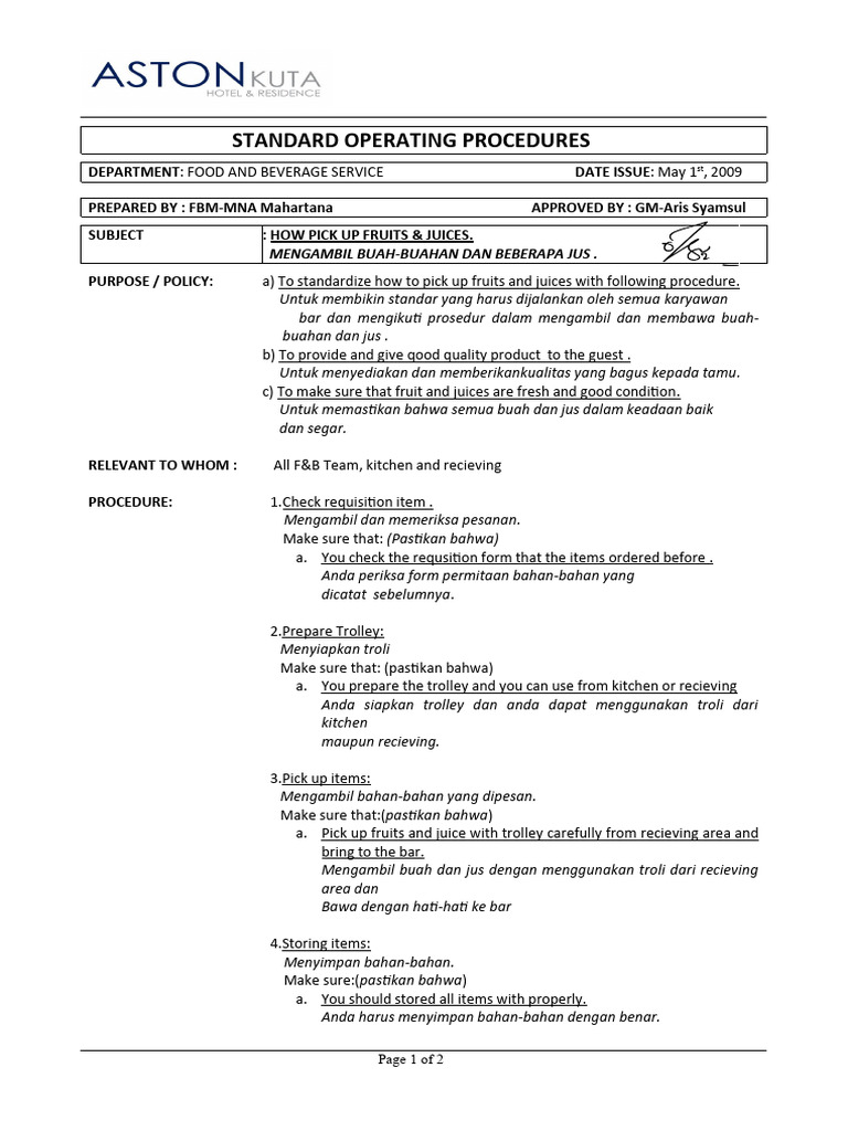 FB-02 SOP Bar How To Pick Up Fruit & Juices | PDF