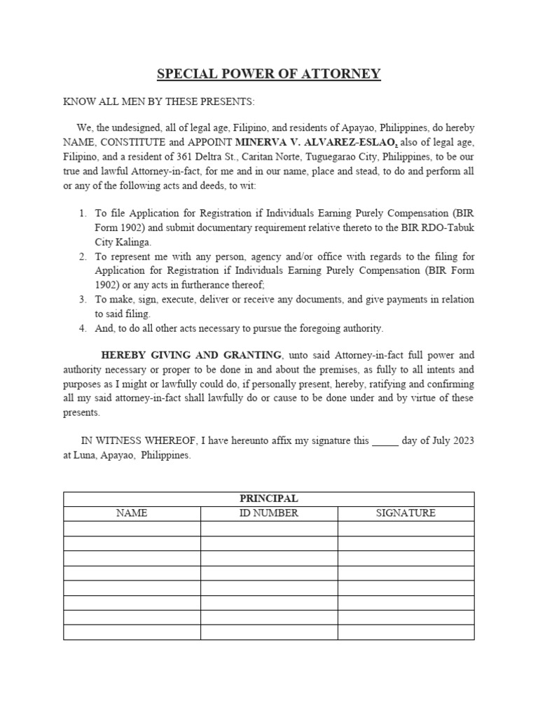 Special Power of Attorney - Bir Form 1602 | PDF | Power Of Attorney ...