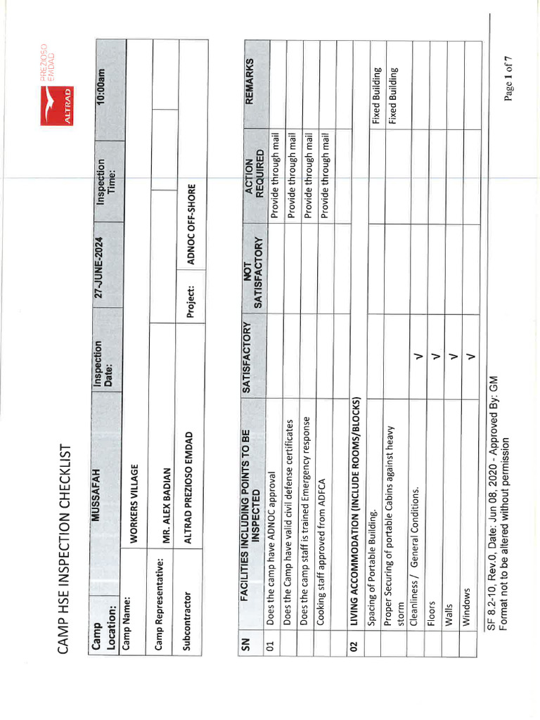 Camp Inspection June 2024 | PDF