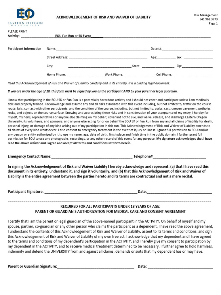 5K or Fun Run Acknowledgement of Risk and Waiver of Liability Rev 2016 ...