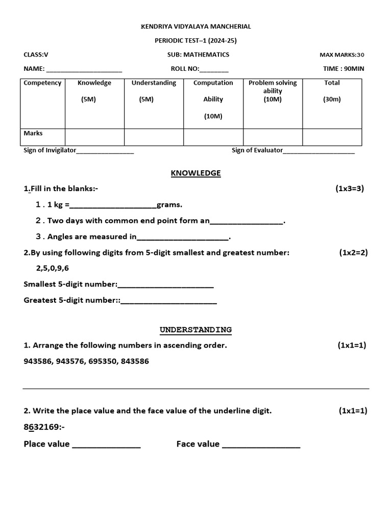 Class 5th Maths PT-1 | PDF | Mathematics