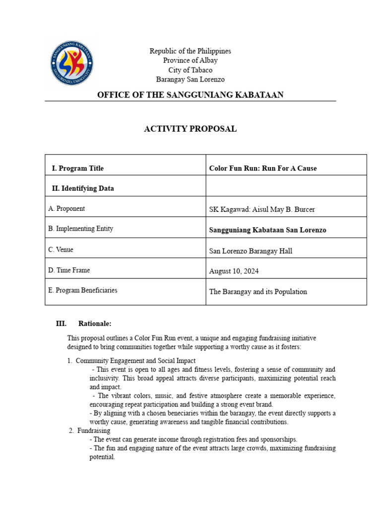 Color Fun Run Project Proposal | PDF | Fundraising