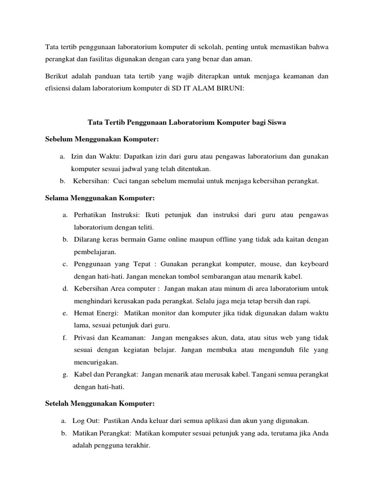 Tata tertib penggunaan laboratorium komputer di SDIT ALAM BIRUNI | PDF