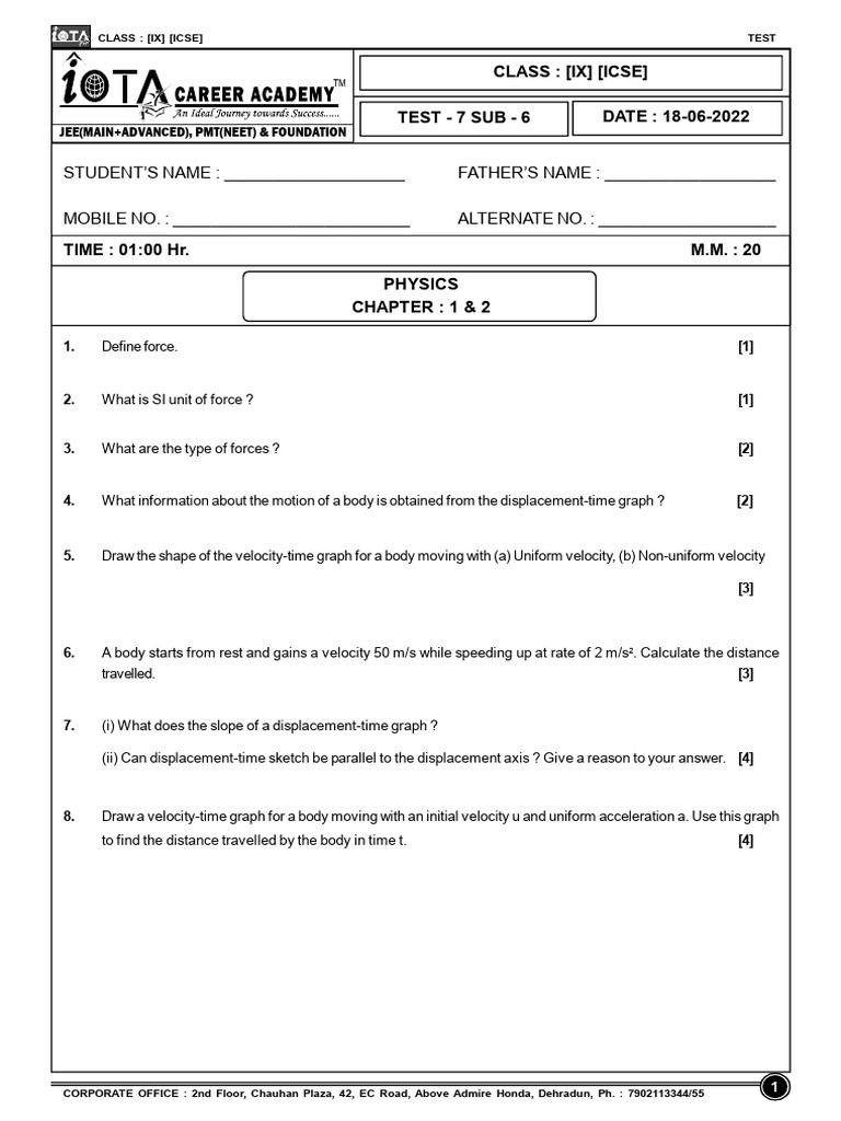 Class-9th (Icse) Phy & Maths Test-18-06-2022 | PDF | Velocity | Force