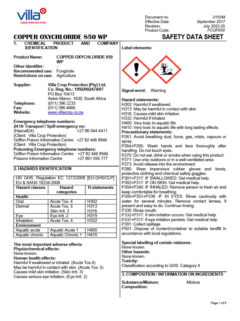 Copper Oxychloride Safety Data Sheet | PDF | Toxicity | Soil