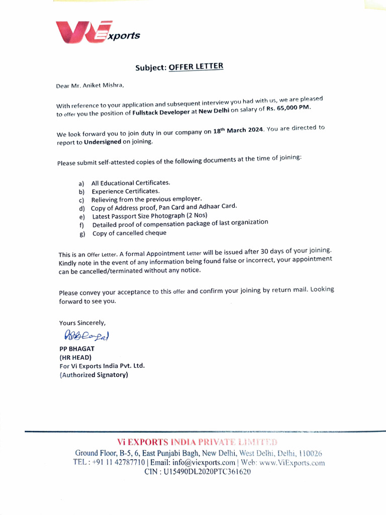 Fullstack Developer Offer Letter | PDF