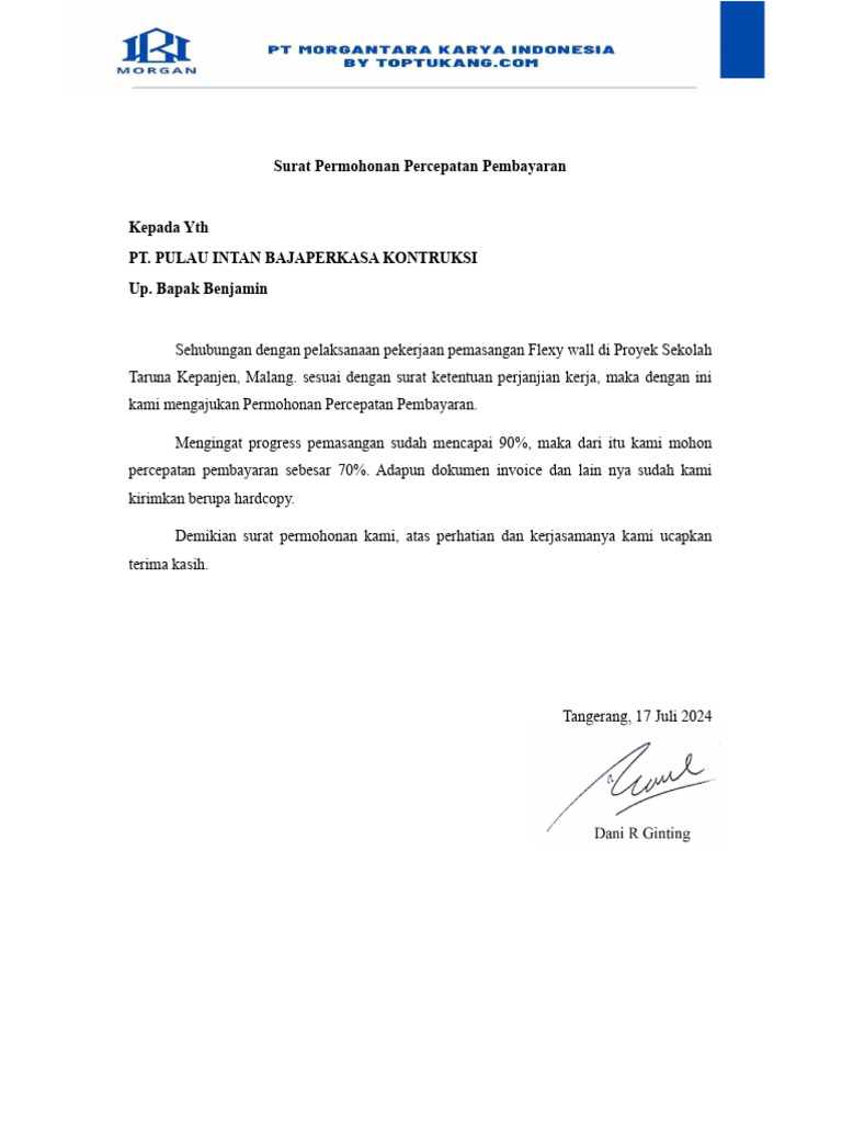 Surat Permohonan Percepatan Pembayaran | PDF