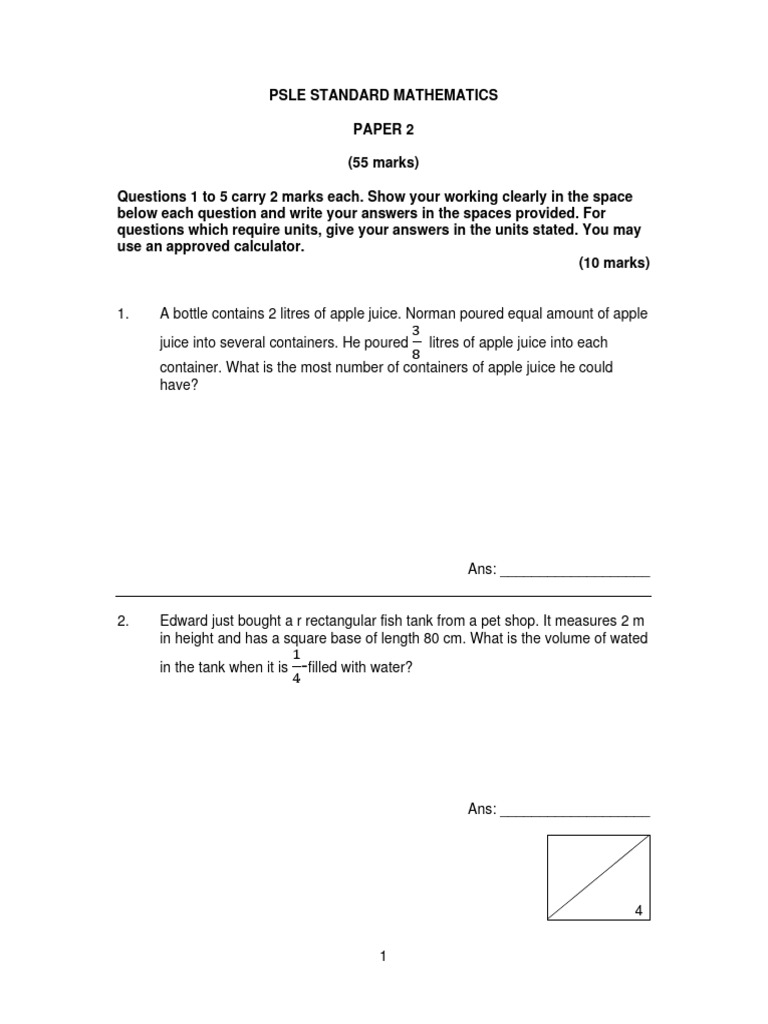 PSLE 2022 Math Paper 2 Questions | PDF | Volume | Area