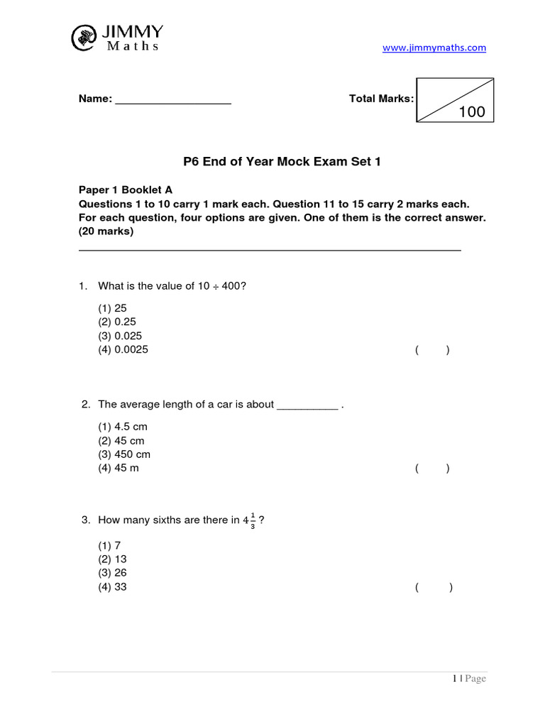 P6 SA2 Mock Exam - Set 1v2 | PDF | Area | Elementary Geometry