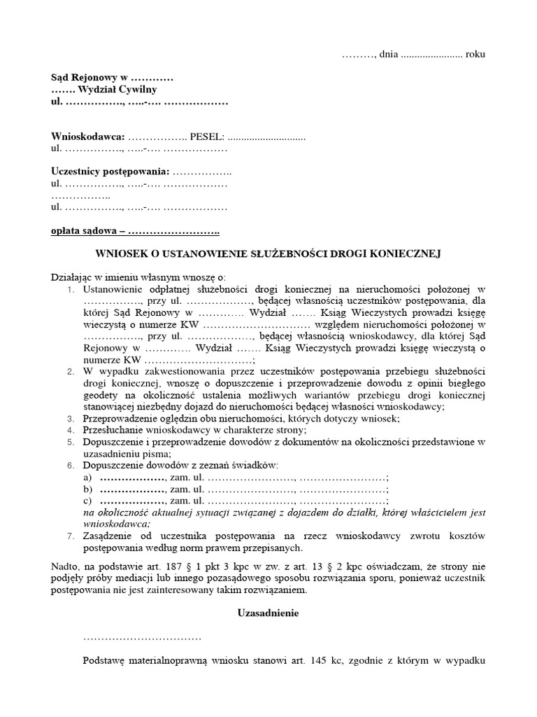 Wniosek o Ustanowienie Służebności Drogi Koniecznej | PDF