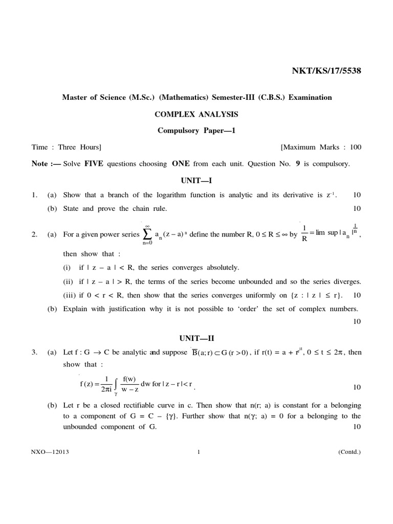 Master of Science (M.SC.) (Mathematics) Semester-III (C.B.S.) Examination Complex Analysis ...
