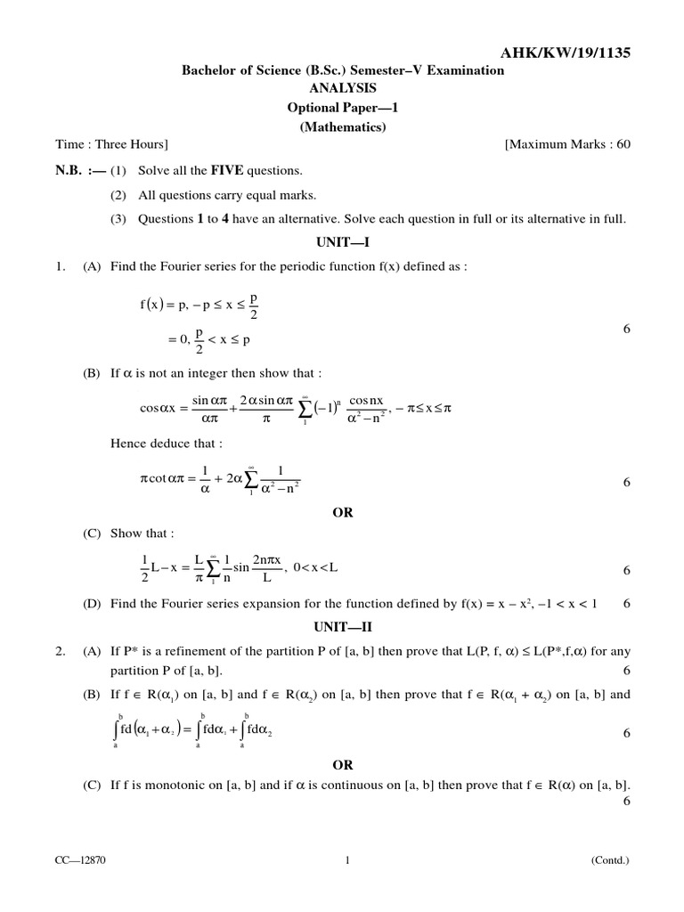 Bachelor of Science (B.SC.) Semester-V Examination Analysis Optional Paper-1 (Mathematics) | PDF ...