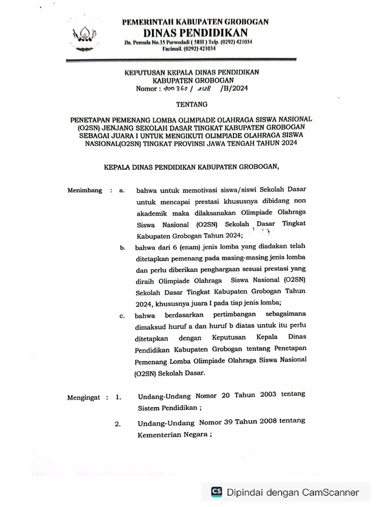 SK O2SN Tingkat Provinsi 2024 | PDF
