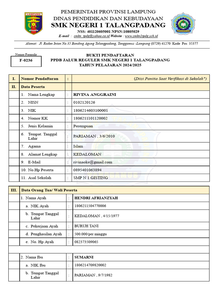 F-0236 Formulir Pendaftaran PPDB SMKN 1 Talangpadang 2024-2025 RIVINA ANGGRAINI DKV | PDF