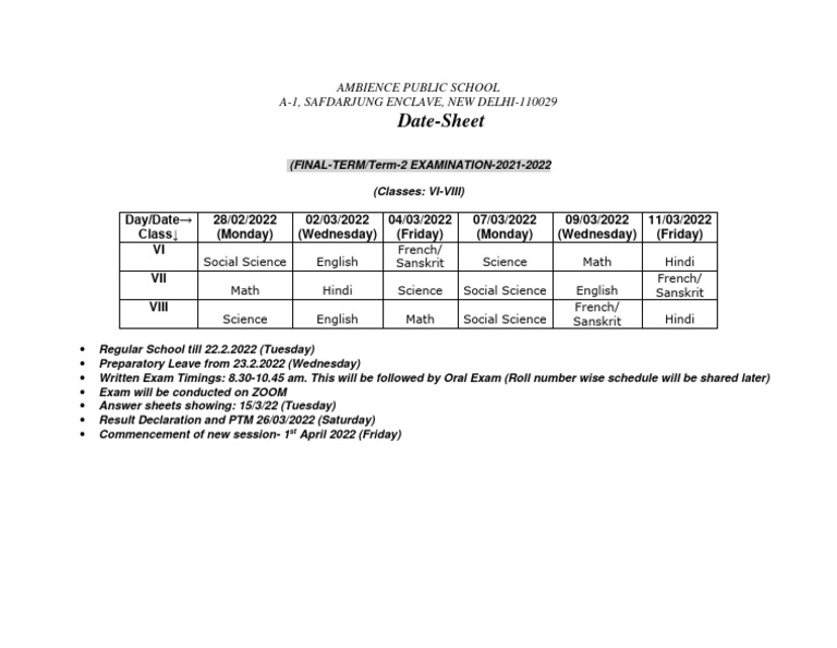 Date Sheet Term-2 Class VI-VIII | PDF