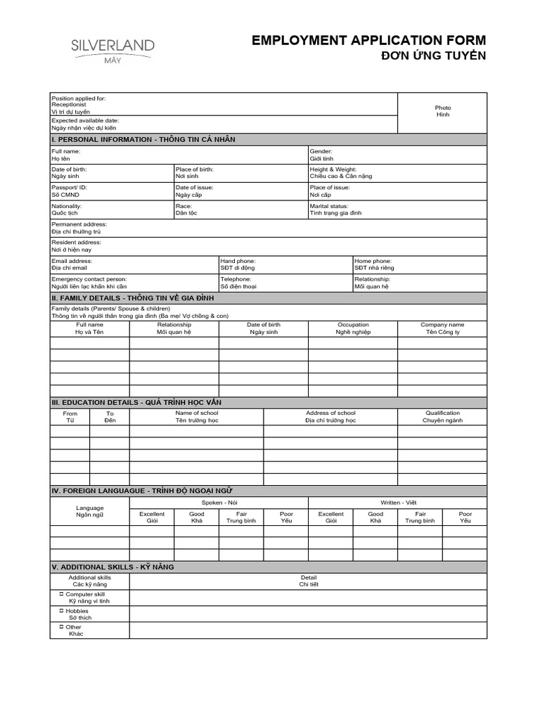 Form - RE01 - Application Form (Đơn Ứng Tuyển) | PDF
