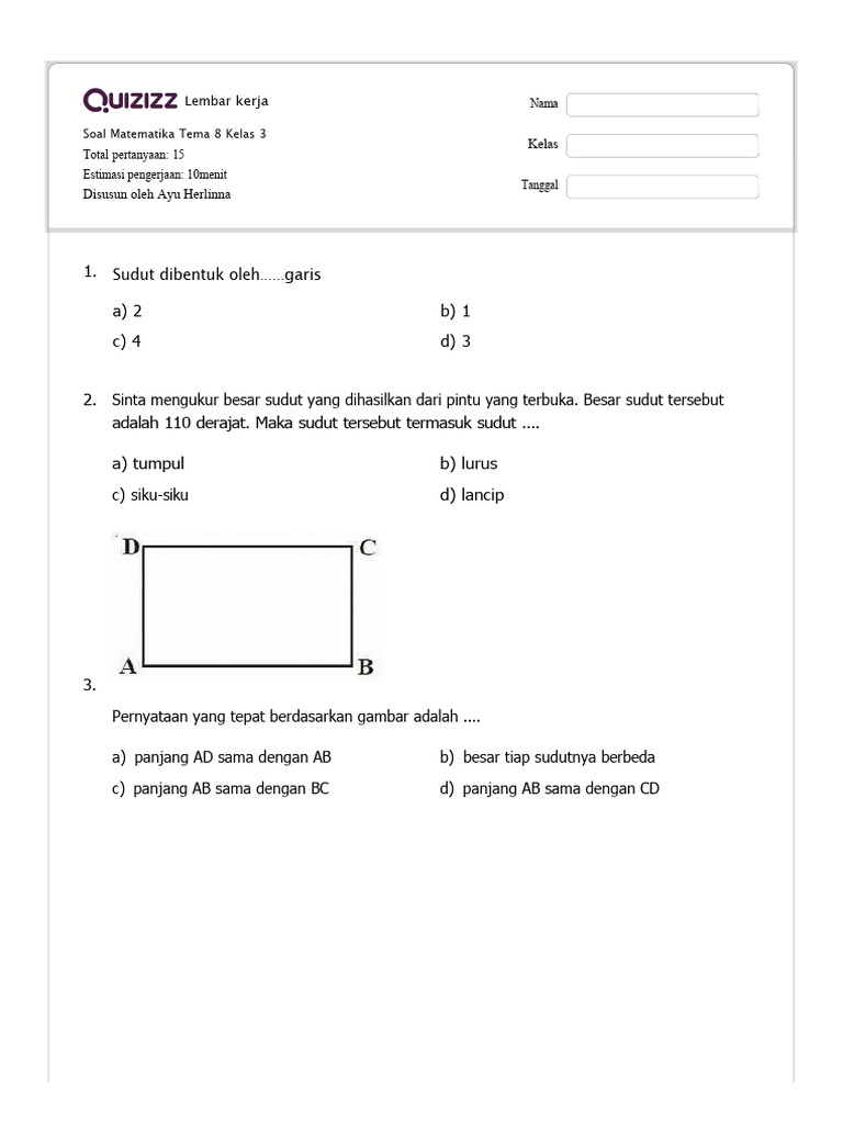 Soal Matematika Tema 8 Kelas 3 - Quizizz | PDF