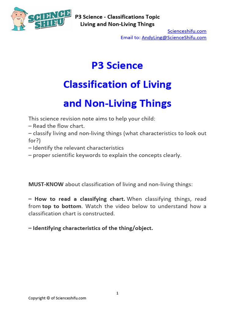 Science Revision Notes - P3 Classification Topic - Living and Non ...