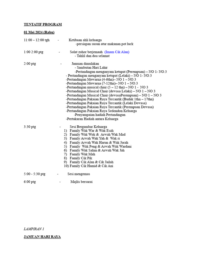 Tentatif Program Jamuan Raya Kardi Clans | PDF