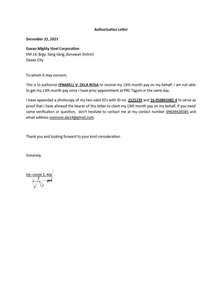 Authorization Letter (To Jyna) | PDF