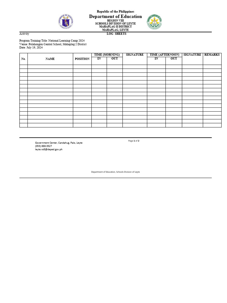 National Learning Camp 2024 Log Sheets | PDF