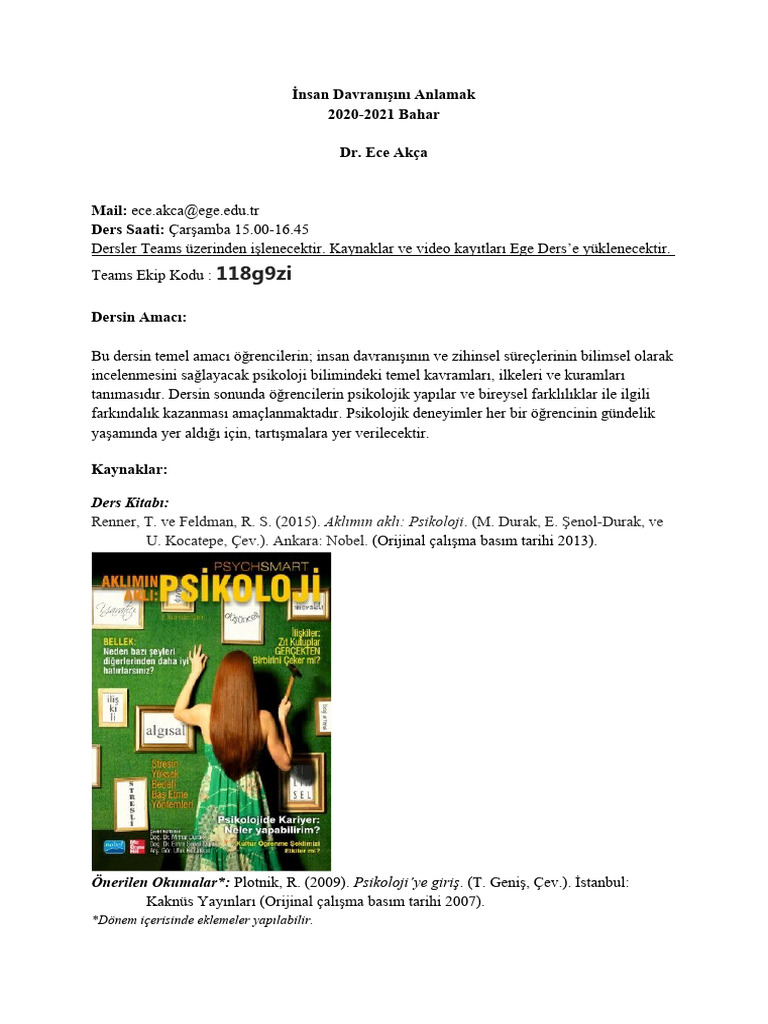 İnsan Davranışını Anlamak 2020-2021 Bahar Syllabus | PDF
