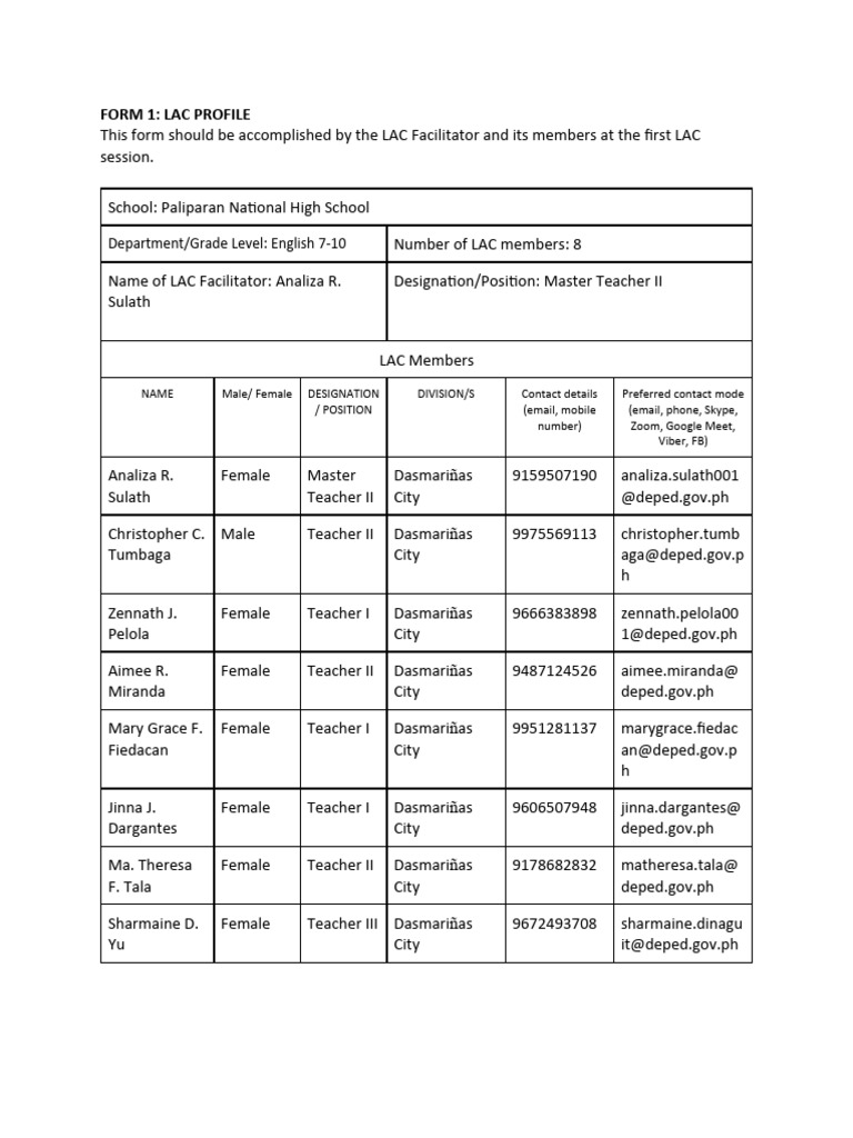 Form 1. LAC Profile | PDF