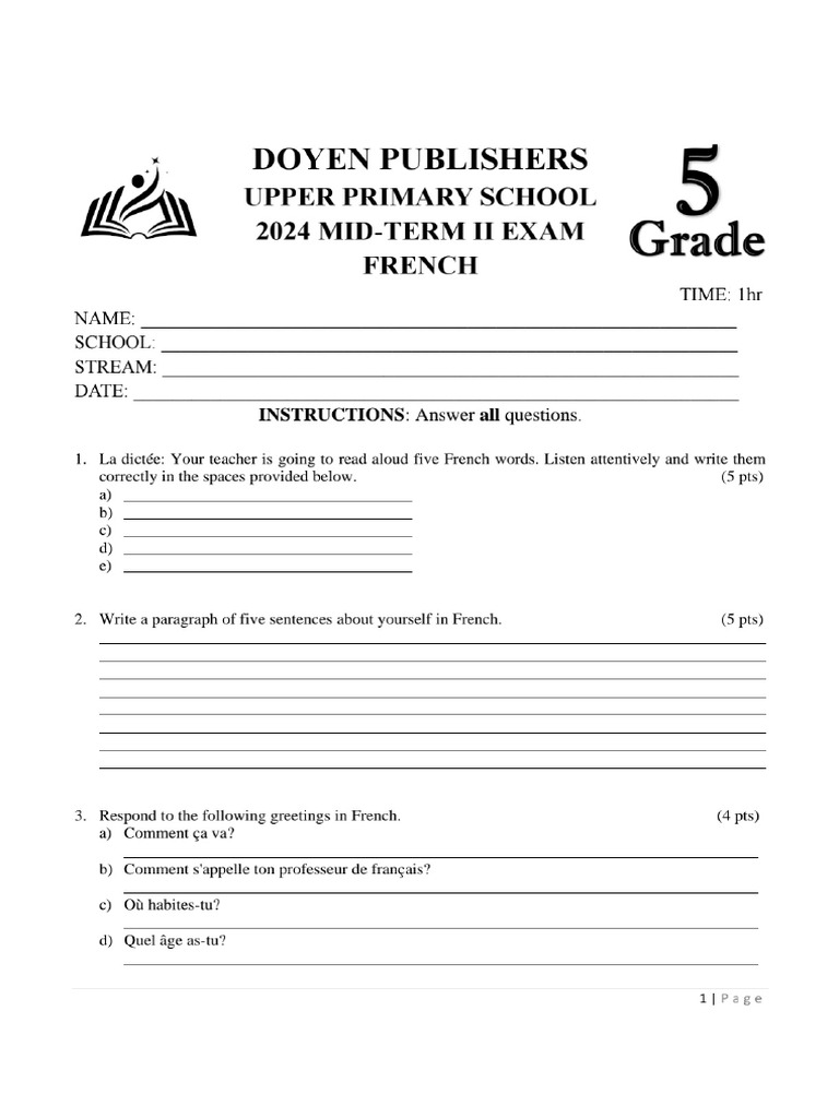 French Grade 5 - Mid Term Ii 2024 Exam | PDF