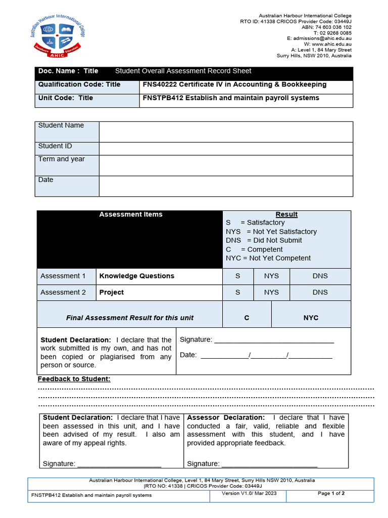 FNSTPB412 Student Assessment Record | PDF