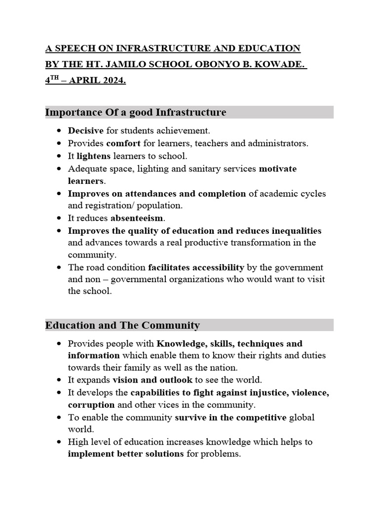 A Speech On Infrastructure and Education | PDF