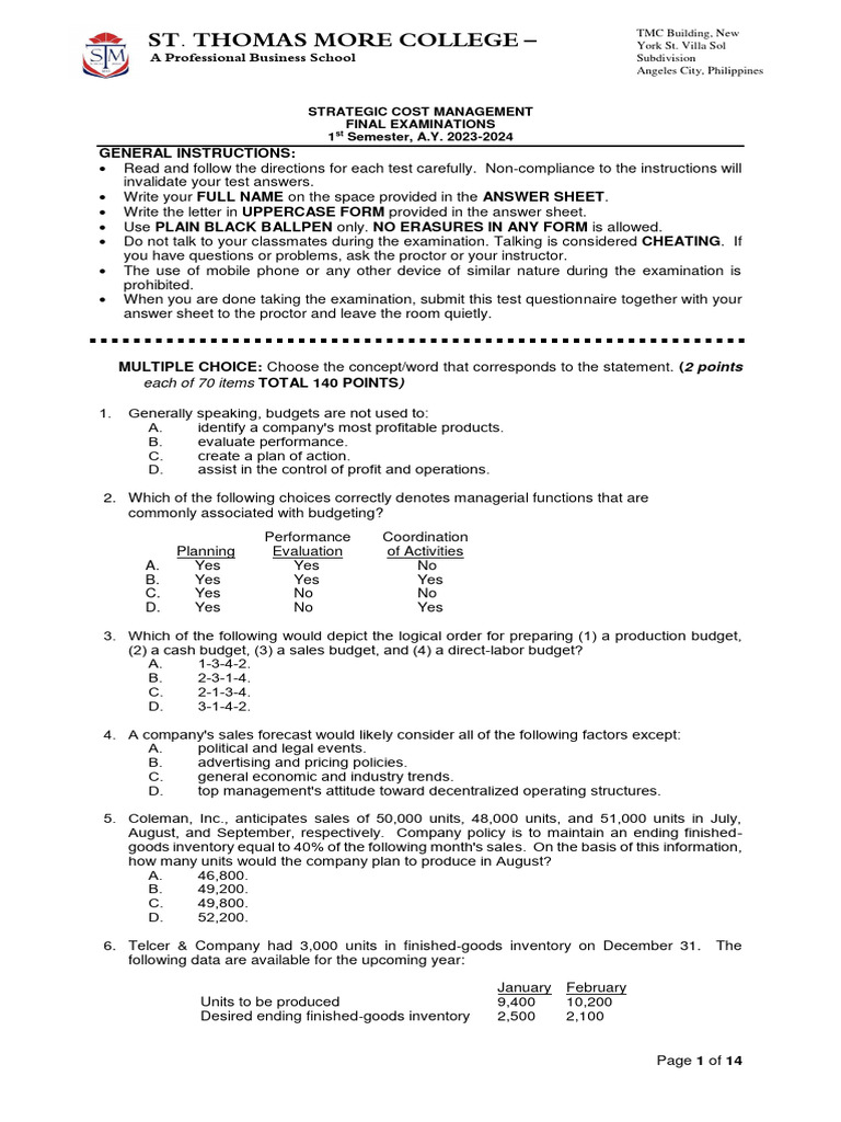 Strategic Cost Management Final Exam 2023 Pdf Financial