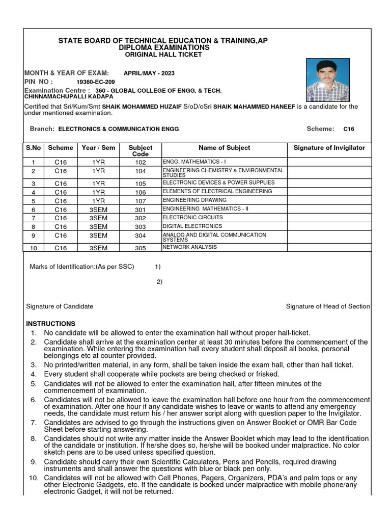 19360-Ec-209 Hallticket 2022 | PDF | Electronics | Engineering