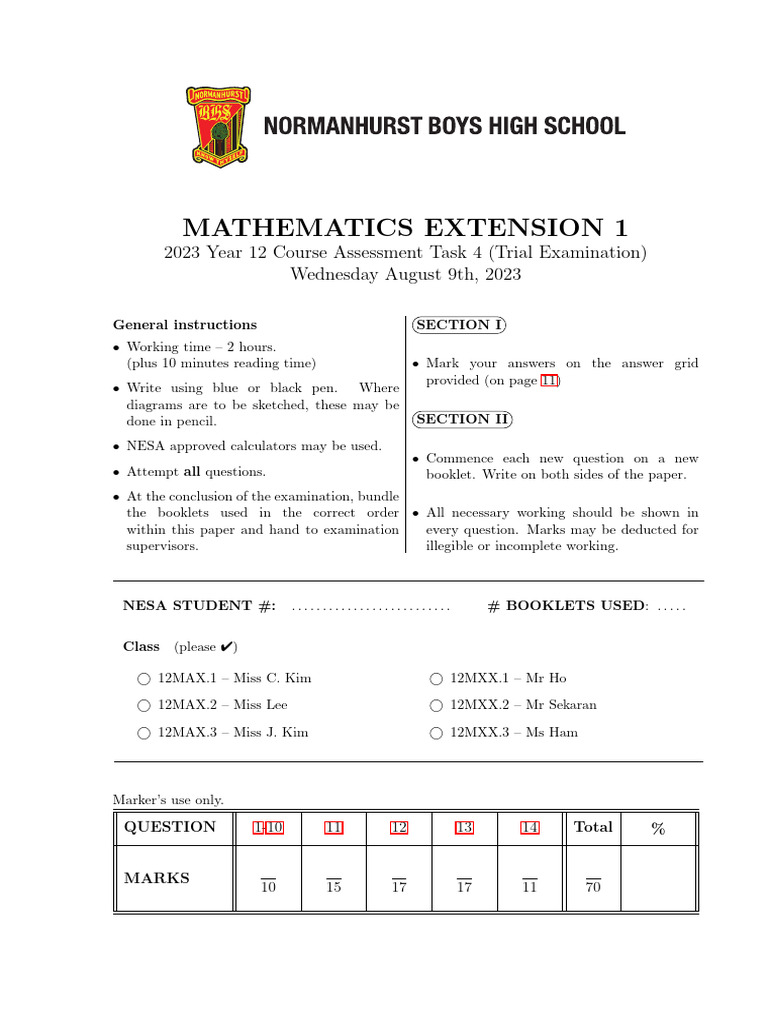 2023normanhurst BHS Year 12 - Ext 1 Assessment Task 4 Yearly Trial ...
