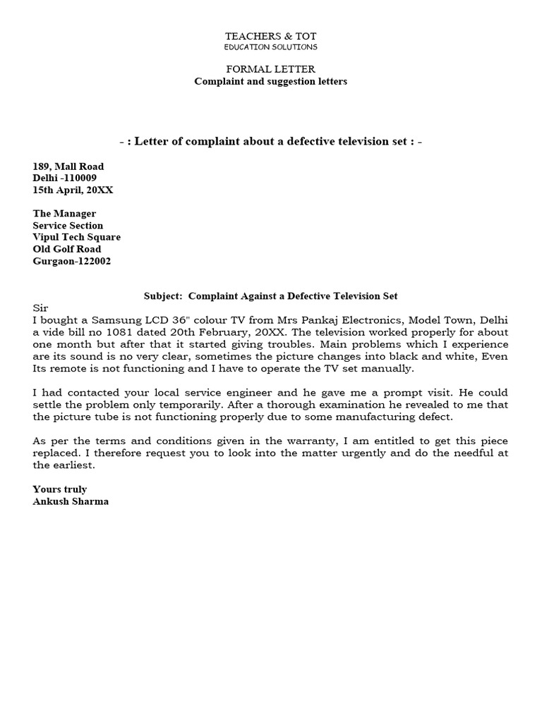 Letter of Complaint About A Defective Television Set | PDF | Business