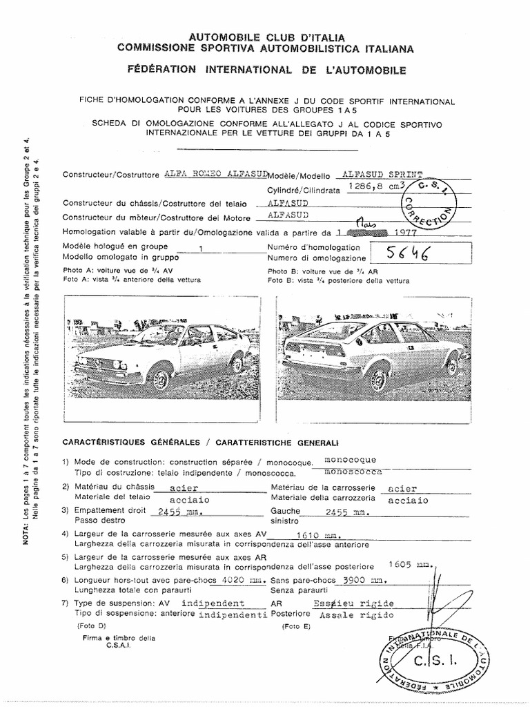 Homologation Form Number 5646 Group 1 | PDF
