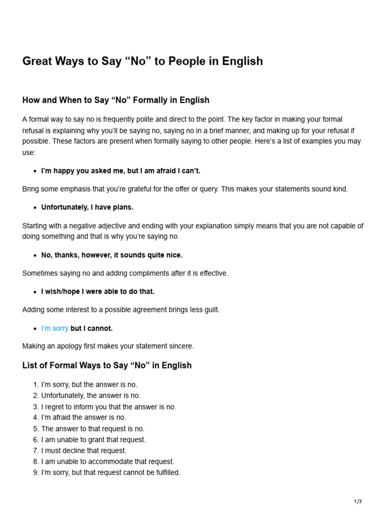 How and When to Say “No” Formally in English | Download Free PDF ...